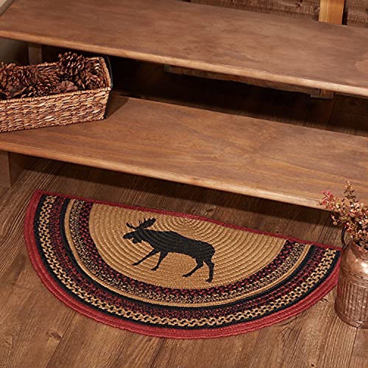 VHC Brands Cumberland Rustic Kitchen Rug, Cozy Natural & Dyed Jute Moose Pattern Tan Entryway Doormat Half Circle 16.5x33