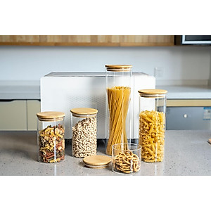 GC GENICOOK Glass Food Storage Jars,Spaghetti Pasta Storage Container,Borosilcate Glass Canister Set with Eco-Friendly Bamboo Lids for Noodles Flour Cereal Coffee Beans - 10 pc set