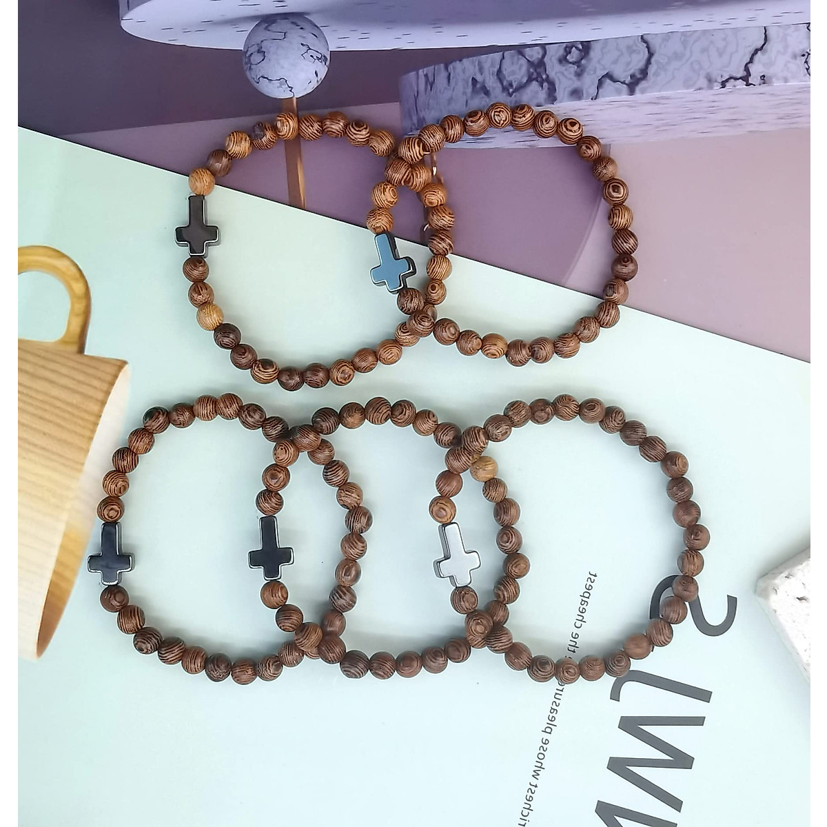 FIRAZIO 12Pcs Christian Prayer Beads Bracelet for Women Mens Wooden Beads Cross Bracelet Religious Mala Beaded Bracelets Fashion Jewelry 6mm/8mm