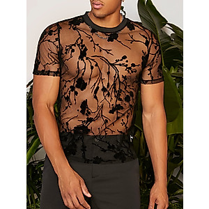 WDIRARA Men's Floral Print See Through Round Neck Short Sleeve Mesh Tshirt Party Top Black XL
