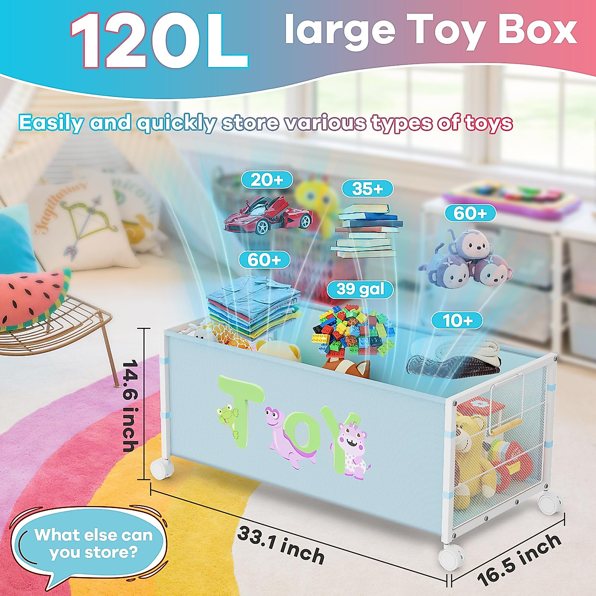 JBBTOOL Large Toy Box Storage, Kid Toy Chest with 360° Wheels, Oxford Cloth Metal Toy Box for Boys, Girls, Stuffed Animals, Clothes, Bedroom, Living Room