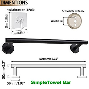 CANLUXY Towel Bar Hand Towel Rack Holder with 2 Small Transparent Hooks, Modern Towel Bar Black Matte