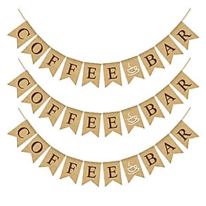 Amosfun Rustic Burlap Coffee Bar Banner Swallowtail Dovetail Linen Bunting Garland for Birthday Wedding Anniversary Farmhouse Wall Table Decor