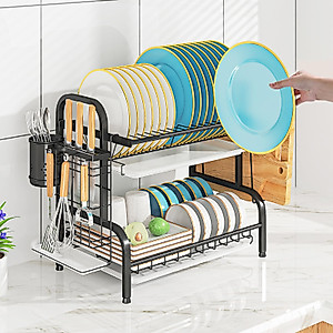 LEGUANG Dish Drying Rack, 2-Tier Stainless Steel Dish Racks for Kitchen Counter, Small Plate Rack Organizer, Space Saving, Black