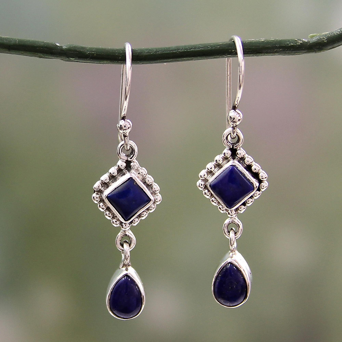 NOVICA Artisan Handmade Lapis Lazuli Dangle Earrings Sterling Silver India Blue Royal Classic Reflecting Pond Snorkel Birthstone [1.6 in L x 0.4 in W] ' Queen of Diamonds'