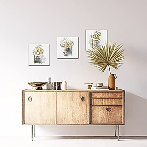 HOMEOART Gold Grey Flower Bathroom Decor Picture Perfume Bottle with Flower Fashion Canvas Wall Art Framed Ready to Hang 12x12inchx3Pieces