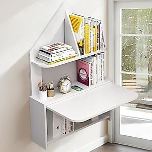Bixiaomei Wall Mounted Drop-Leaf Table, Floating Laptop Desk, Folding Table with Shelves, Multifunctional Computer Workstation Storage Compartments in Home Office for Space Saving (White)