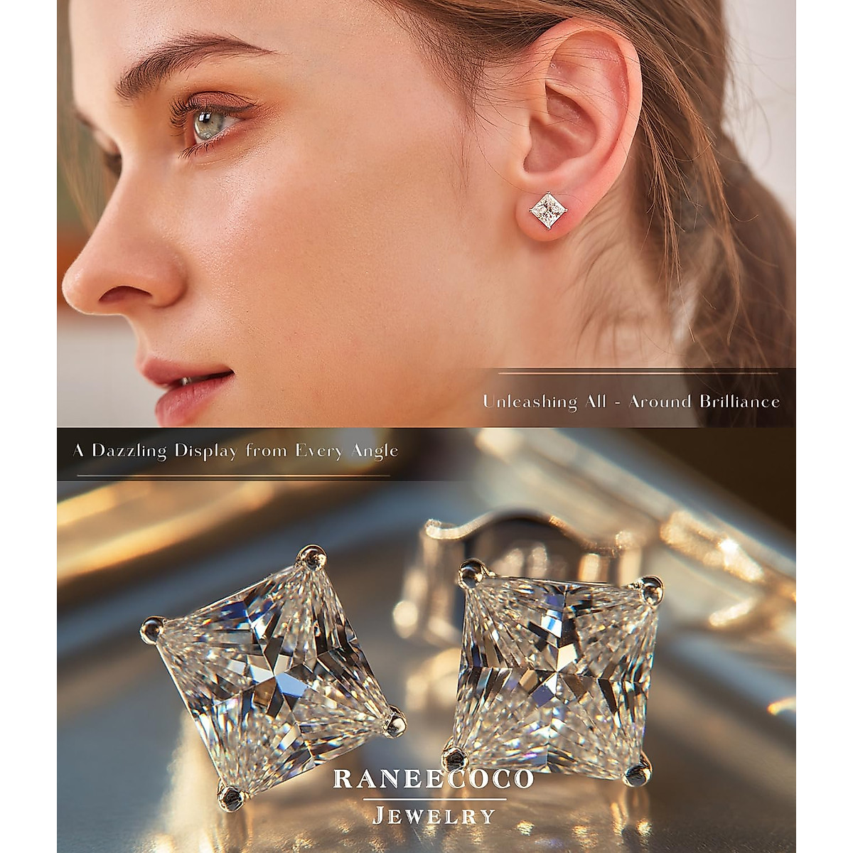 "STUNNING FLAME “18K Gold Plated Sterling Silver Princess Cut Cubic Zirconia Stud Earrings for men women(w-6)