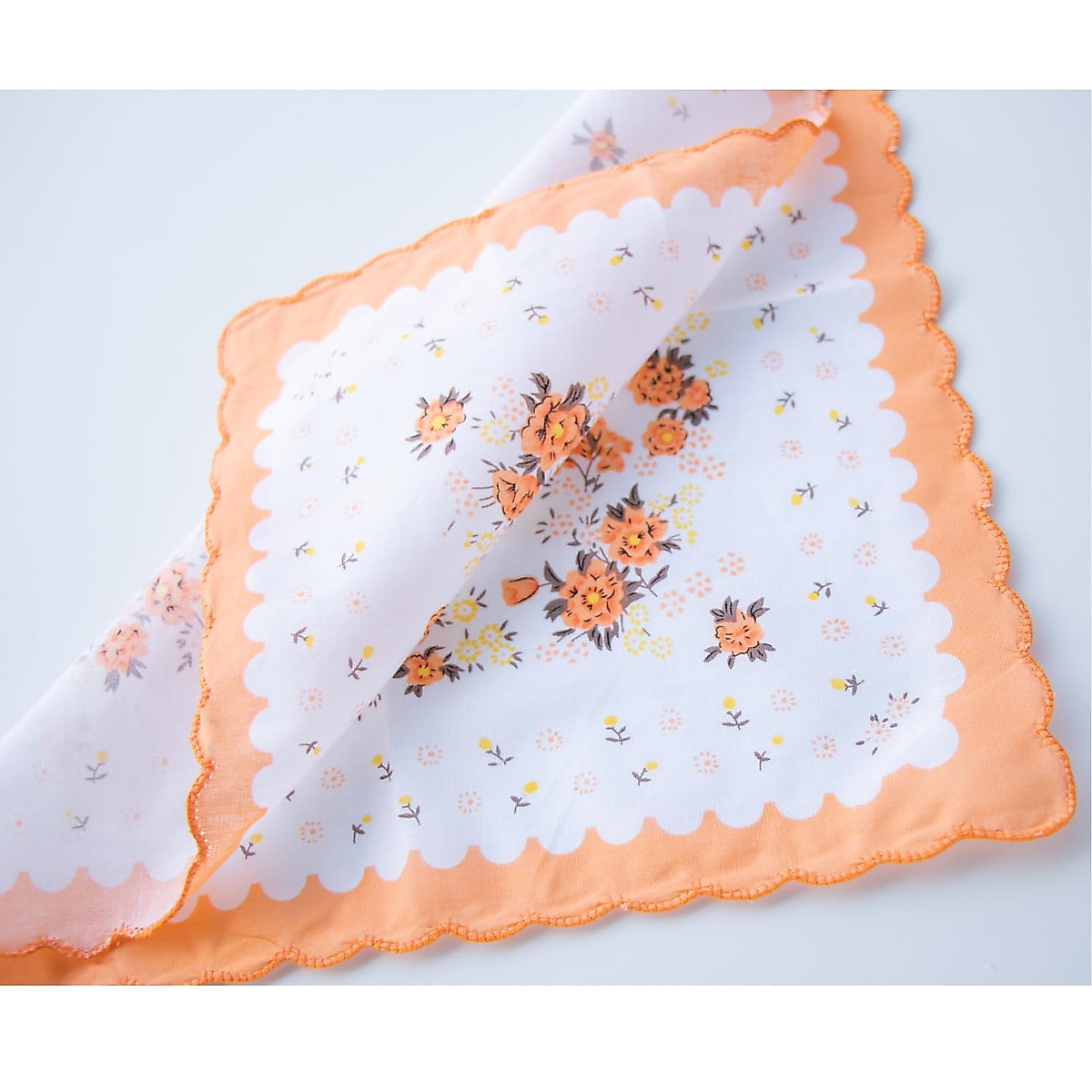 MZLIU Womens Girls Vintage Floral Cotton Handkerchiefs with Scalloped Edge Hankies 3PCS