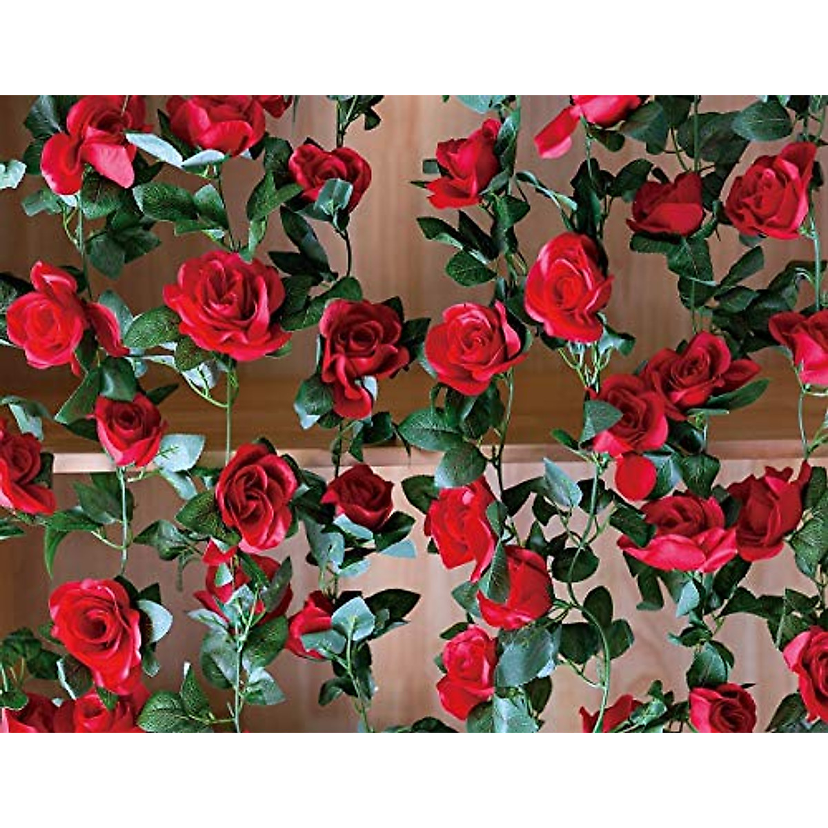 SWSTINLING 2 Pack (16FT) Artificial Rose Vine Flowers Plants Fake Flower Vine for Wedding Home Party Garden Craft Art Decor Red