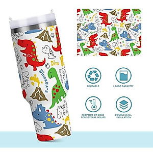 MCHIVER Cute Dinosaurs Cartoon 30 oz Tumbler with Handle and Straw Stainless Steel Vacuum Water Bottle Leak-proof Travel Coffee Mug Thermos Water Bottle for Hot Cold Beverages