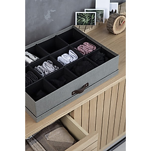 Bigso Box of Sweden Small Storage Box with 12 Compartments and Leather Handle - Fabric Storage Organiser for Shelves or Drawers - Drawer Organiser for Underwear, Socks, Jewellery, etc. - Grey