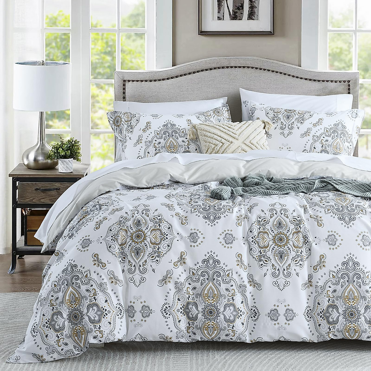 Bedduvit 100% Cotton Duvet Cover Queen Size - Soft Paisley Queen Duvet Cover Set, 3 Pieces All Season Reversible Damask Bedding Comforter Sets with 2 Pillow Shams, White/Yellow, 90"x90"