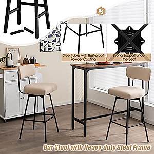 COSTWAY Bar Stools Set of 2, 29” Upholstered Bar Height Chairs with Back, 360° Swivel Bar Chairs with Heavy-Duty Metal Legs and Footrests, Fabric Seat for Kitchen Island, Dining Room, Bar (2, Beige)