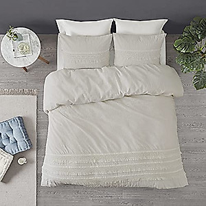 Madison Park Amaya 100% Cotton Duvet Set - Seersucker Design with Tassel Trims Accent, Breathable Cover for Comforter, All Season Bedding with Matching Sham, Full/Queen(90"x90") Ivory 3 Piece