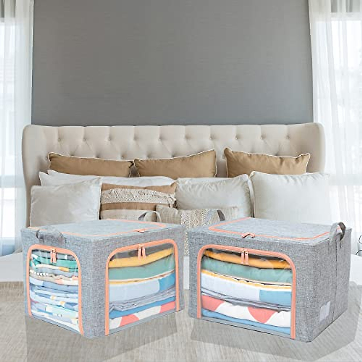 Tasmegol 2 Pack 66L Linen Fabric Clothes Storage Organizer Bins with 3 Opening Stackable Steel Frame Clothing Closet Containers Bags Foldable Clear Window Cloth Box for Sweater Bedding (Grey)