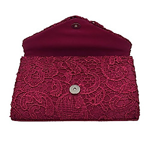 Lace Paisley Floral Fabric Satin Envelope Flap Clutch Evening Bag, Burgundy One Size
