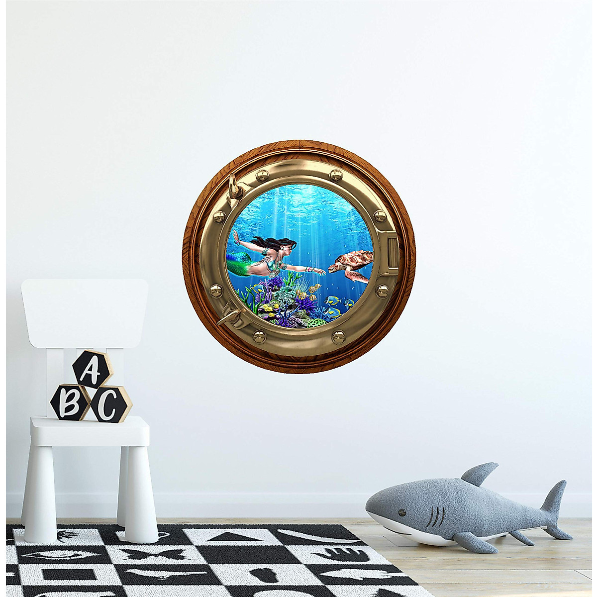 Porthole Window Wall Sticker Mermaid Sea Turtle 1 Braswood Port Scape Decal Ocean Fantasy Tropical Reef Sea Life Kids Room Decor Peel and Stick Vinyl 12 inch