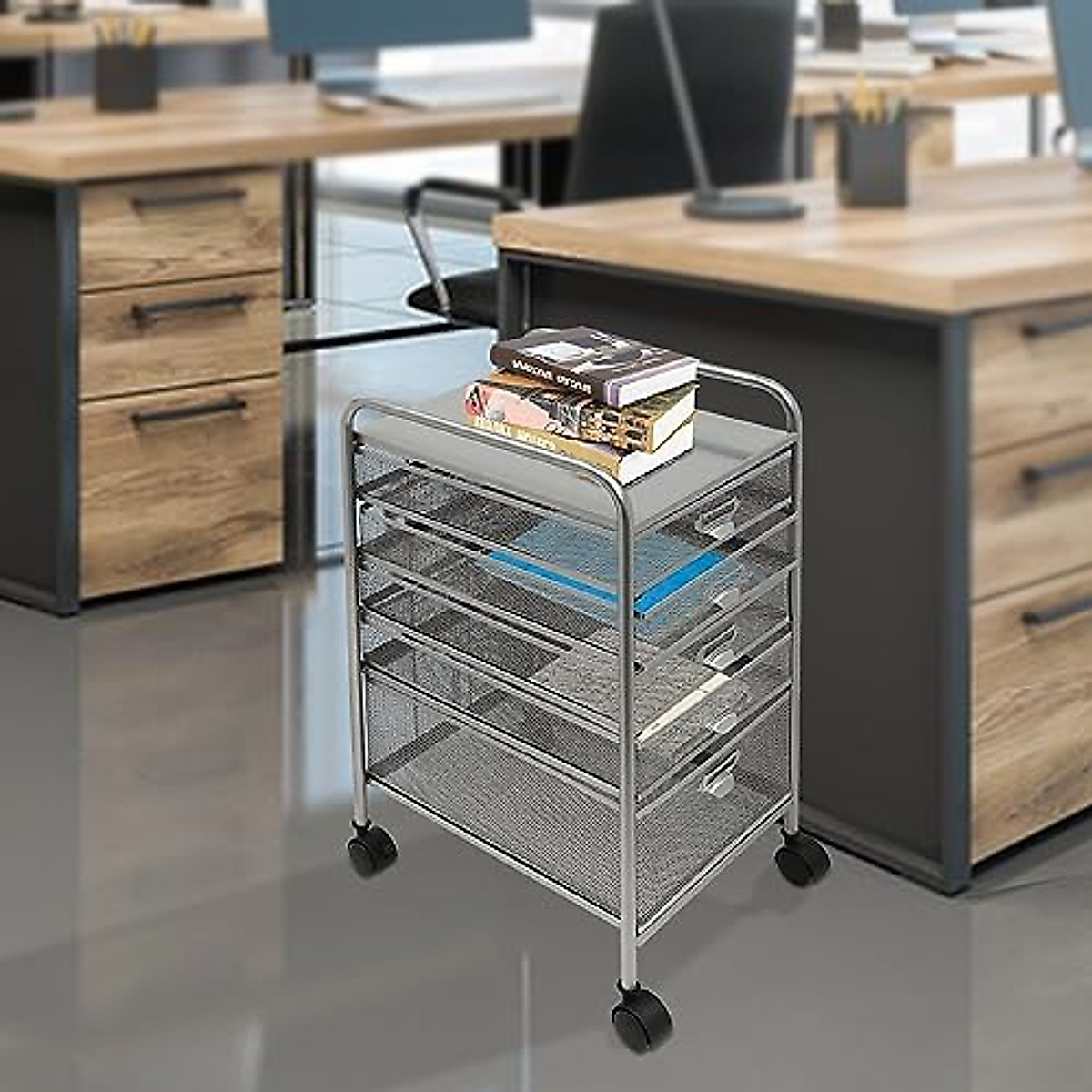 Rolling Carts with Wheels and Drawers, Metal Mesh 5 tier Rolling File Cart File Cabinet with Drawers Storage Cart, Silver