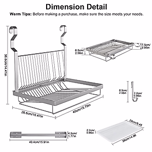 TQVAI Stainless Steel Hanging Dish Drainer Folding Dish Drying Rack with Rod, Drainboard and Hanging S Hooks - Silver
