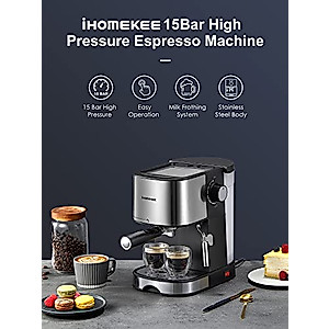 Ihomekee Espresso Machine 15 Bar Pump Pressure, Espresso and Cappuccino Coffee Maker with Milk Frother/Steam Wand for Latte, Mocha, Cappuccino, Silver - CM6826T