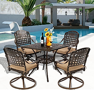 USSerenaY 5-Piece Outdoor Dining Set Cast Aluminum Patio Furniture Set All-Weather 4 Chairs and Dining Table with Umbrella Hole for Garden, Backyard (Braided+Khaki Cushion, Square Table)