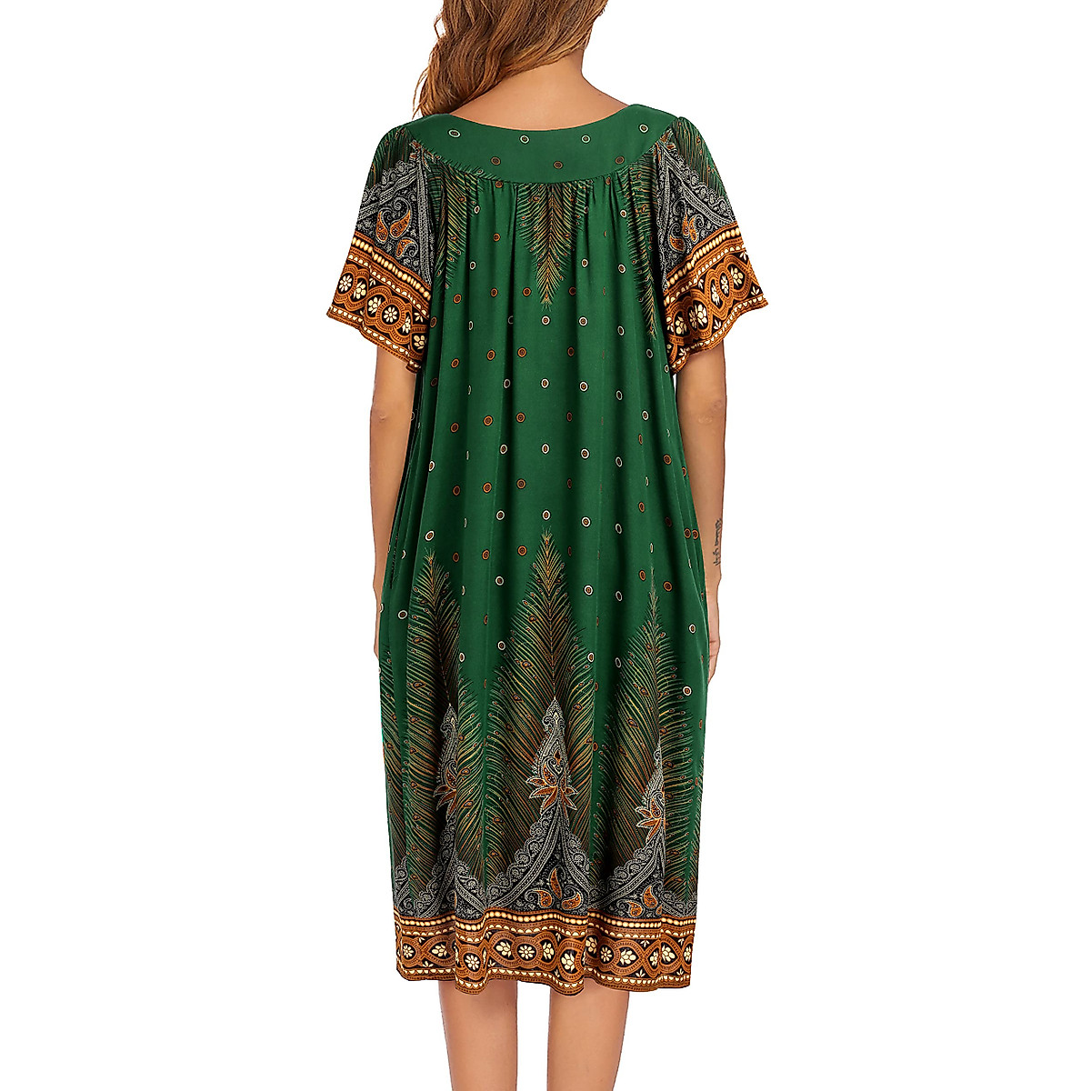 Ekouaer Womens Nightgown Short Sleeve House Dress with Pockets-Floral Print Mumu Dress Green Feather, 3X-Large
