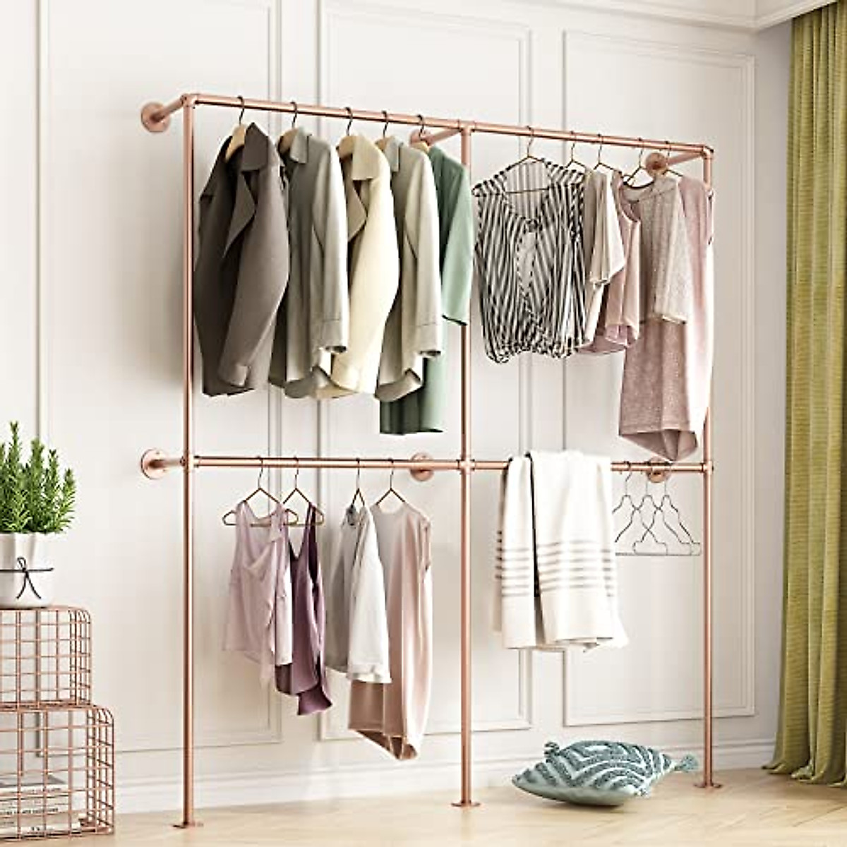 BOSURU Industrial Pipe Clothing Rack Wall Mounted,Clothes Racks with Double Hanging Rods for Closet Storage(Rose Gold)