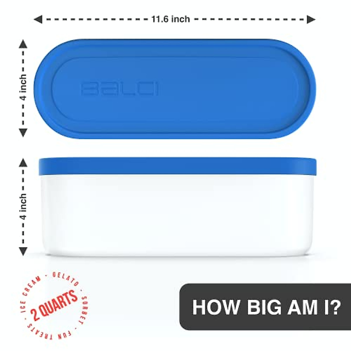 BALCI - Ice Cream Container - 2 Quart - Perfect Reusable Freezer Storage for Homemade Ice Cream Tubs for Sorbet, Frozen Yogurt and Gelato! - Flexible Silicone Lids, Long Scoop, Stackable - Blue