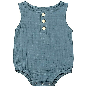 Newborn Button Baby Boy Girls Bubble Romper Sleeveless Cotton Summer Romper Jumpsuit Clothes (Blue, 6-12 M)