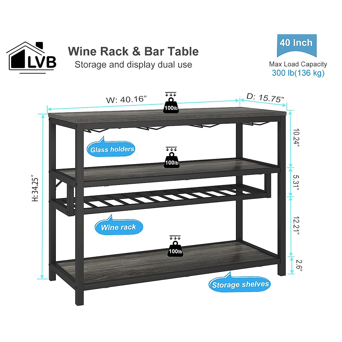 LVB Wine Rack Table, Liquor Bar Cabinet Freestanding Floor, Wooden Rustic Wine Storage with Wine Shelf and Glass Holder, Metal and Wood Modern Wine Cabinet for Home with Bottle Rack, Dark Gray Oak