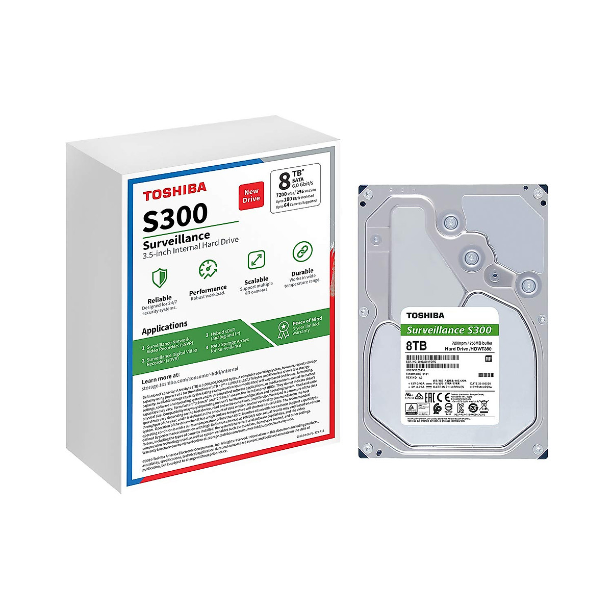 Toshiba S300 8TB Surveillance 3.5” Internal Hard Drive – CMR SATA 6 Gb/s 7200 RPM 256MB Cache - HDWT380UZSVAR