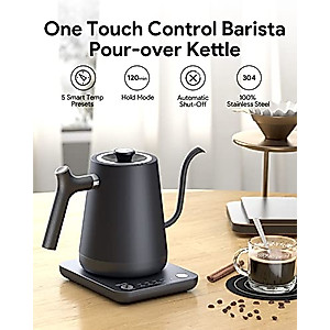 Gooseneck Electric Tea Kettle Pour-Over Kettle for Coffee, with 5 Variable Presets, 100% Stainless Steel Inner, with Keep Warm and Mute Function 0.8L, 1000W Quick Heating, Matte Black