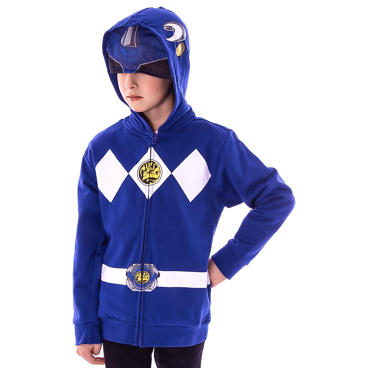 Power Rangers The Boys Blue Ranger Triceratops Mesh Face Covering Full-Zip Costume Hoodie (MD)