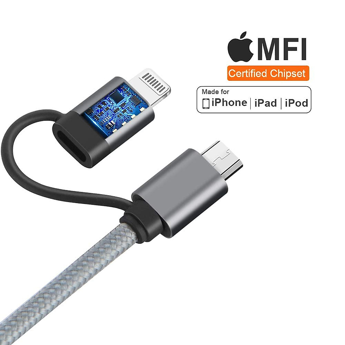 CableCreation 2-in-1 iPhone and Android Charging Cable 4FT/1.2m, Lightning and Micro USB to USB Charging Data Cord MFi Certified for iPhone 14, 13, 12, 11, X, 8, 8 Plus,7, Nexus, LG, HTC, Gray