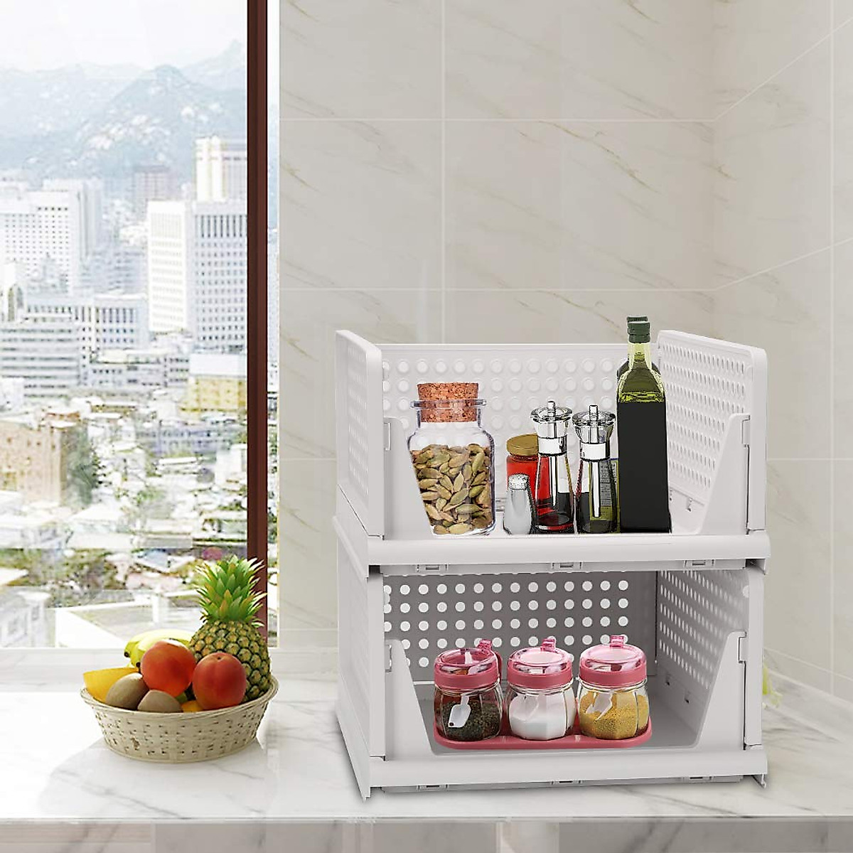 jocabo Folding Wardrobe Storage Box 4-Pack Plastic Drawer Organizer Stackable Shelf Baskets Cloth Closet Containers Bin Cubes,Home Office Bedroom Laundry Fold Pull Out Dividers for Clothes,Toys White