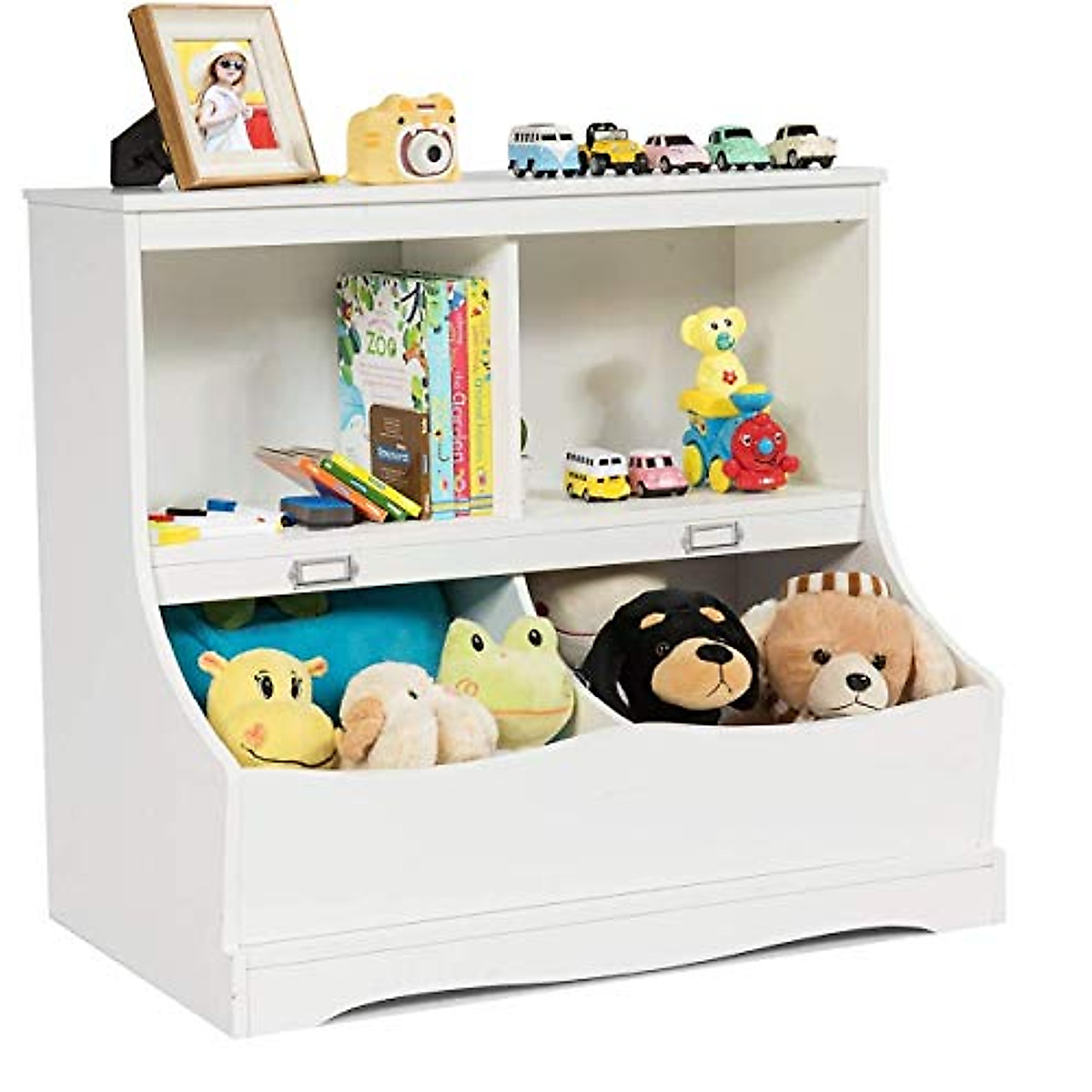 Costzon 4-Cubby Kids Bookcase with Footboard, Name Card, Multi-Bin Children's Toys Storage and Organizer Book Shelf Display, Wooden Toy Box Chest Cabinet for Kids Room Playroom Bedroom Nursery (White)