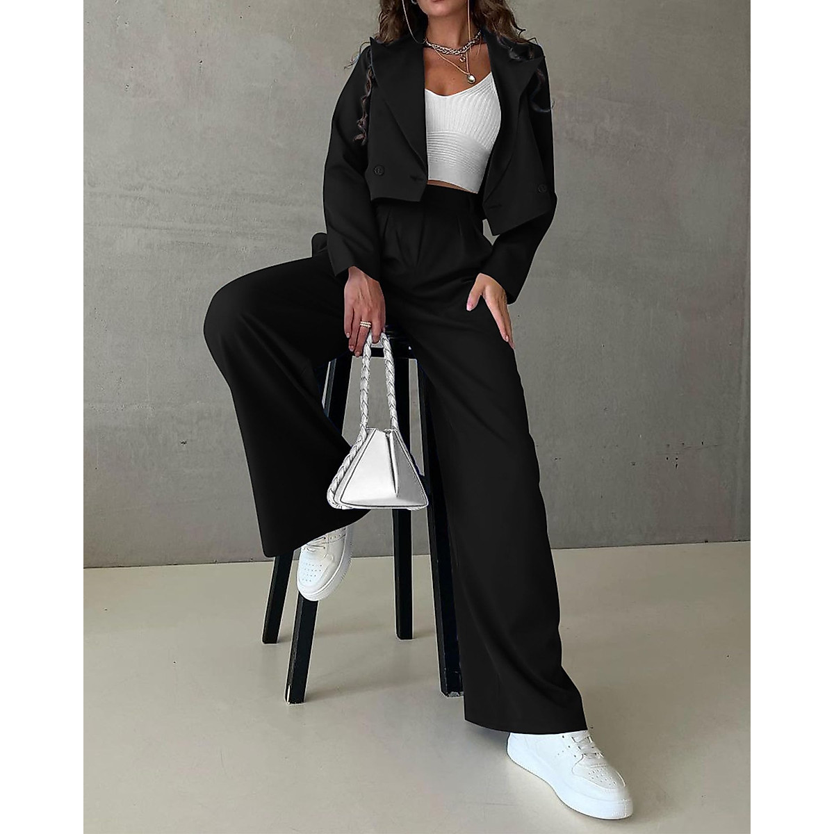 KIRUNDO Blazer Sets Women 2 Piece Outfits Casual Cropped Jackets High Waist Wide Leg Pant Suits Dressy Office Clothes(Black, X-Large)