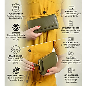 Womens Leather Wallet Rfid Blocking Zip Around Clutch 2 ID Window With 32 Slots | Real Smooth Genuine Leather Wallet | Multiple Card Holder | Compact Premium Best Handmade Gift | Olive Green