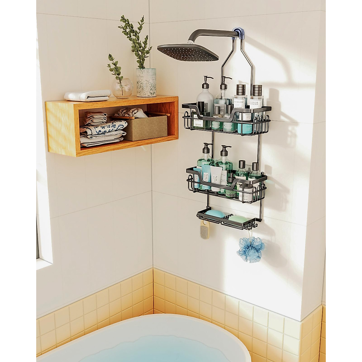 SWTYMIKI 3 Tier Rustproof Hanging Shower Caddy with 16 Hooks & Dual Soap Holder, Large Capacity Over Shower Organizer for Bathroom Shower Room, Black