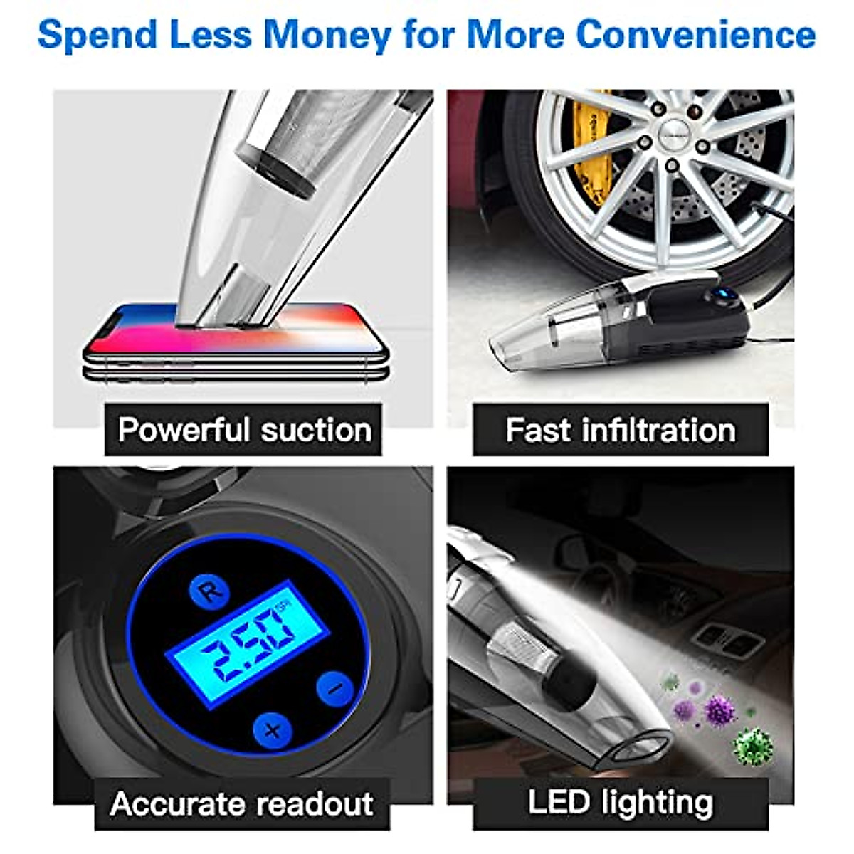 YSMJ Upgraded 12000pa Cordless Rechargeable 4-in-1 Car Vacuum Cleaner, Strong Suction Handheld Vacuum High Power Car Vacuum with LED Light, Rechargeable for Home, Pet Hair, Car Cleaning