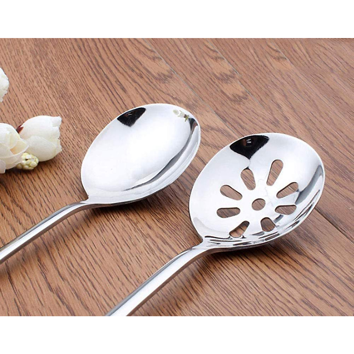 Goeielewe 2-Pack Soup Slotted Serving Spoon 7.7-inch Stainless Steel Colander Spoon for Buffet, Dinner, Restaurants, Kichen (Soup&Slotted Spoon)