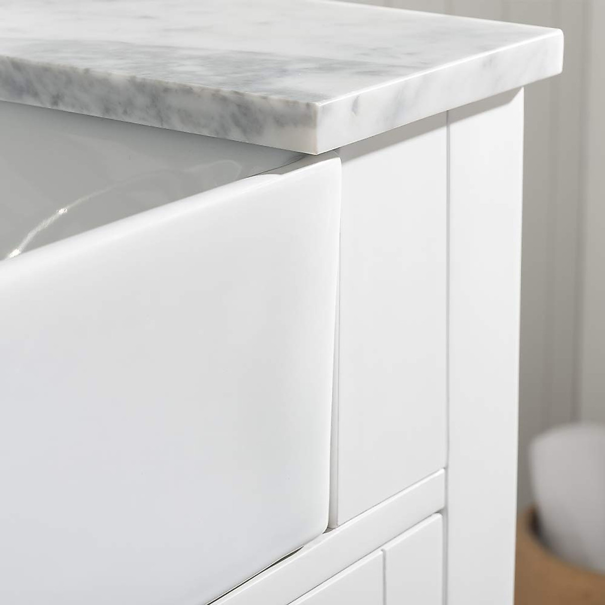 Luca Kitchen & Bath LC36VWW Balboa 36” Single Bathroom Vanity Set in Pure White with Carrara Marble Countertop and Farmhouse Sink