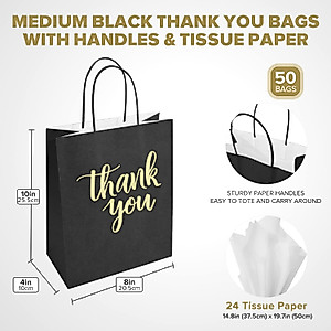 DjinnGlory 50 Pack Medium Black Thank You Paper Bags with Handles and 24 Sheet White Tissue Paper for Small Business, Shopping, Wedding, Baby Shower, Party Favors (Medium 10''x8''x4'', Black)