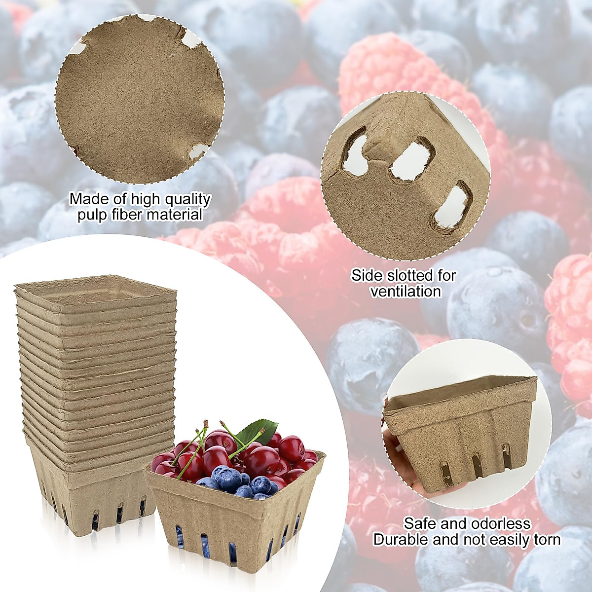 Rainmae 30 Pack Natural Pulp Fiber Berry Basket, Molded Berry Basket Produce Vented Container for Strawberry Blueberry Raspberry and Vegetable, Farmer Market, Grocery Stores, Backyard Party