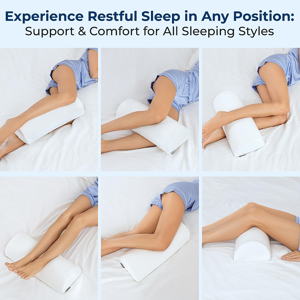 5 STARS UNITED Knee Pillow for Back Sleeping – Memory Foam Cushion for Sciatica Pain Relief – Under Leg Support for Sleeping on Back – Half Moon Bolster for Bed, White