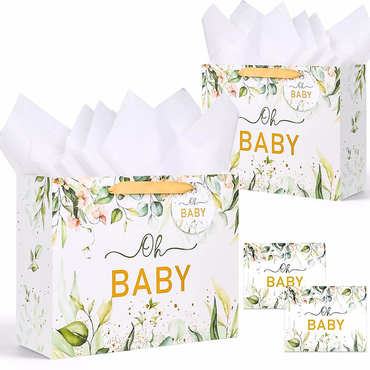 Shindel 13" Large Baby Boy Girl Gift Bag with Handle, 2PCS Baby Gift Bag with Tissue Paper Greeting Card Ribbon for Baby Shower Newborn Birthday Party