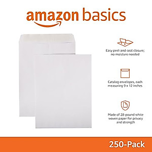Amazon Basics Catalog Mailing Envelopes, Peel and Seal, 9x12 Inch, White, 250-Pack