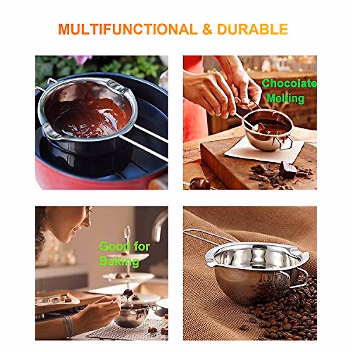 Stainless Steel Double Boiler Pot for Melting Chocolate, Candy and Candle Making (18/8 Steel, 2 Cup Capacity, 480ML)