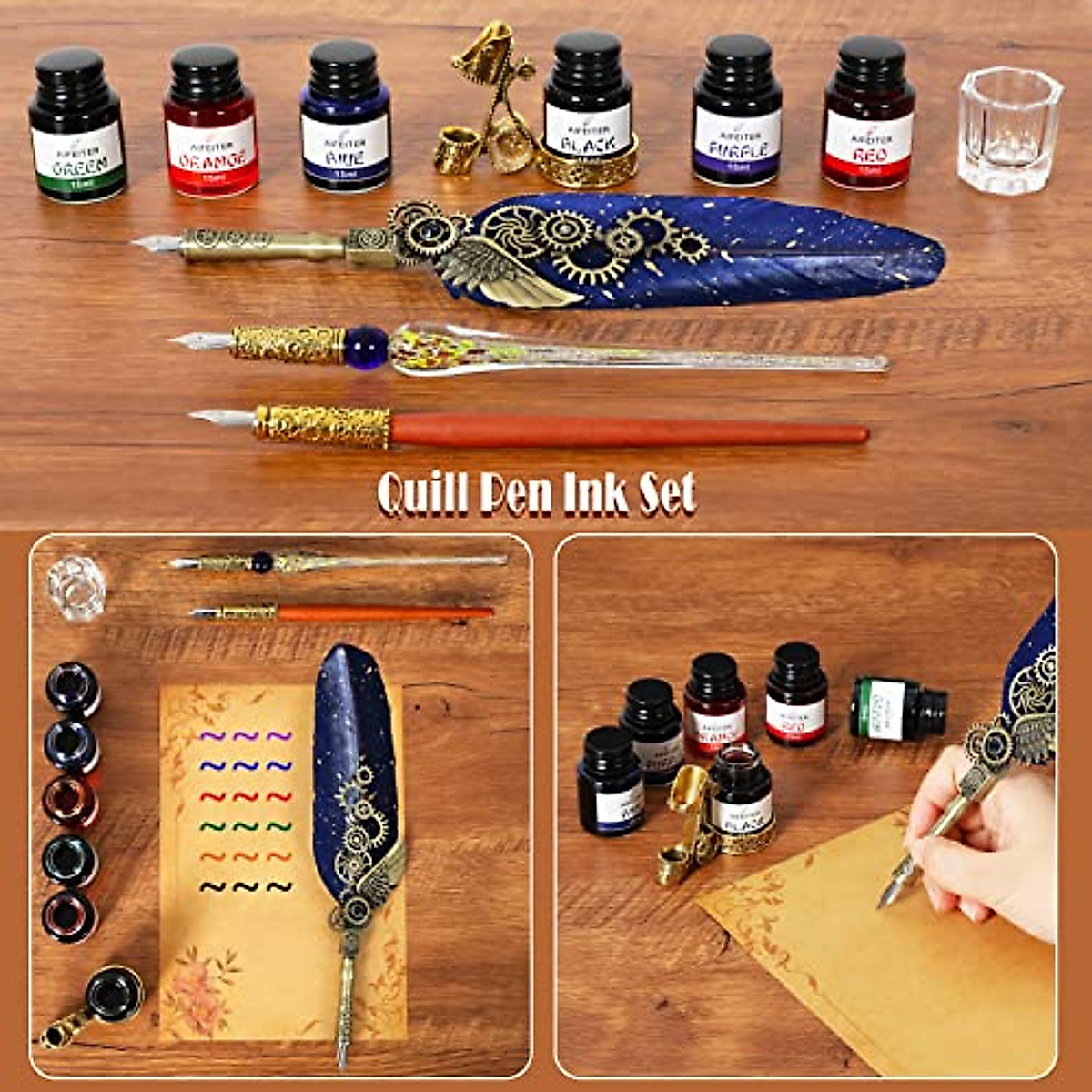 Quill Pen Ink Set-Feather Calligraphy Pen and Ink Set,Includes 6 Bottles of Ink,Quill Pen,Glass Dipping Pen,Wooden Dipping Pen,17 nibs,8 Sheets of Writing Paper,Envelope,Spoon-Blue